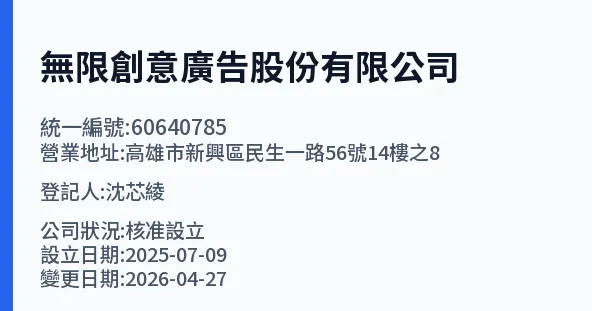 無限創意廣告股份有限公司的照片-統編 60640785(高雄市) 公司登記資料與營業項目詳細圖表