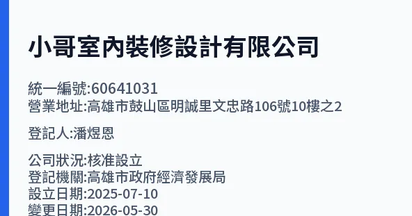 小哥室內裝修設計有限公司的照片-統編 60641031(高雄市) 公司登記資料與營業項目詳細圖表