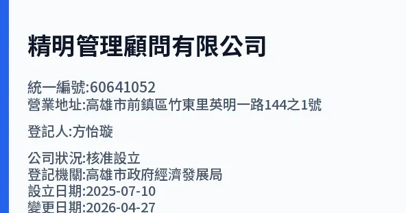 精明管理顧問有限公司的照片-統編 60641052(高雄市) 公司登記資料與營業項目詳細圖表