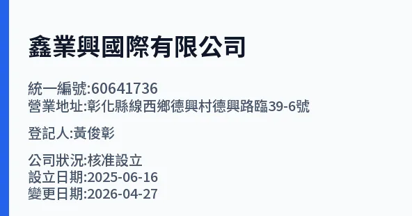 鑫業興國際有限公司的照片-統編 60641736(彰化縣) 公司登記資料與營業項目詳細圖表