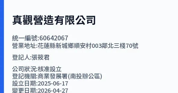 真觀營造有限公司的照片-統編 60642067(花蓮縣) 公司登記資料與營業項目詳細圖表