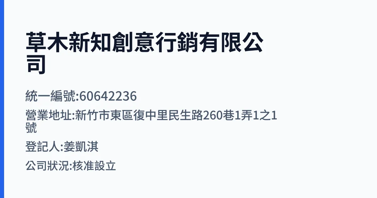 草木新知創意行銷有限公司 - 統編 60642236(新竹市) 公司登記資料與營業項目詳細圖表