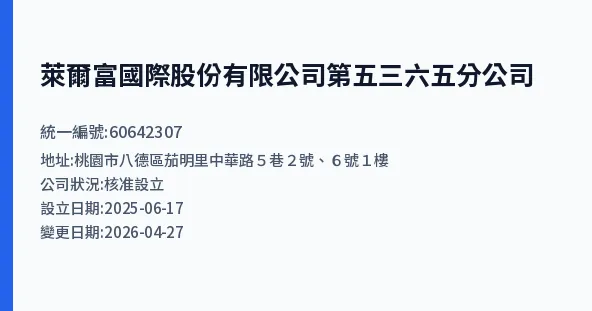 萊爾富國際股份有限公司第五三六五分公司的照片-統編 60642307(桃園市) 公司登記資料與營業項目詳細圖表