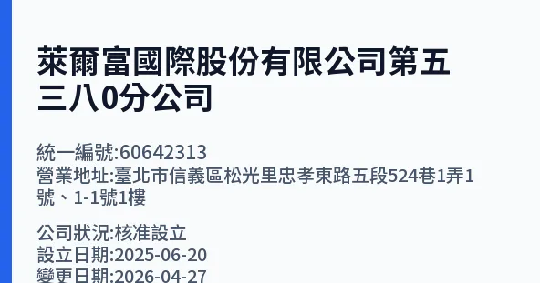 萊爾富國際股份有限公司第五三八0分公司的照片-統編 60642313(臺北市) 公司登記資料與營業項目詳細圖表