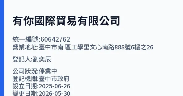 有你國際貿易有限公司的照片-統編 60642762(臺中市) 公司登記資料與營業項目詳細圖表