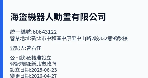 海盜機器人動畫有限公司的照片-統編 60643122(新北市) 公司登記資料與營業項目詳細圖表