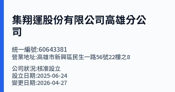 集翔運股份有限公司高雄分公司的照片-統編 60643381(高雄市) 公司登記資料與營業項目詳細圖表