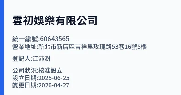 雲初娛樂有限公司的照片-統編 60643565(新北市) 公司登記資料與營業項目詳細圖表