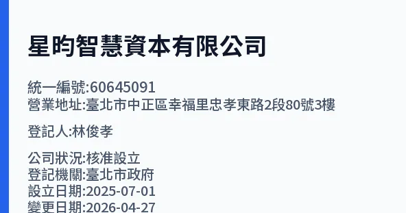 星昀智慧資本有限公司的照片-統編 60645091(臺北市) 公司登記資料與營業項目詳細圖表