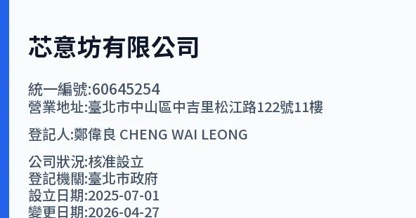 芯意坊有限公司的照片-統編 60645254(臺北市) 公司登記資料與營業項目詳細圖表