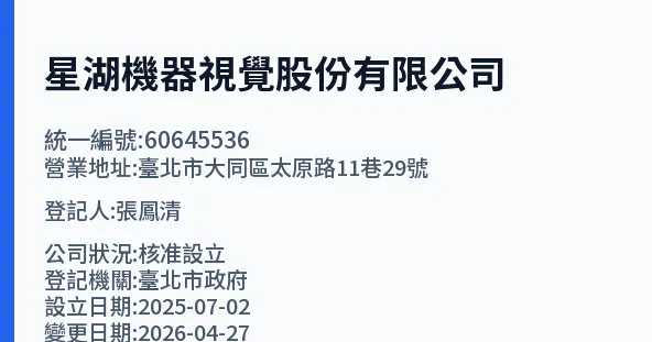 星湖機器視覺股份有限公司的照片-統編 60645536(臺北市) 公司登記資料與營業項目詳細圖表