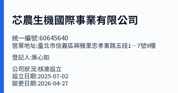 芯農生機國際事業有限公司的照片-統編 60645640(臺北市) 公司登記資料與營業項目詳細圖表