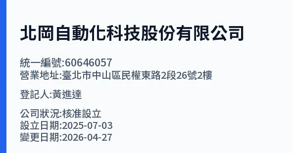 北岡自動化科技股份有限公司的照片-統編 60646057(臺北市) 公司登記資料與營業項目詳細圖表