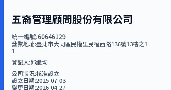 五裔管理顧問股份有限公司的照片-統編 60646129(臺北市) 公司登記資料與營業項目詳細圖表