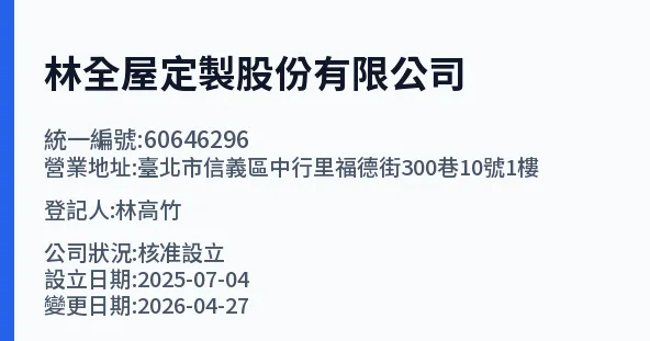 林全屋定製股份有限公司的照片-統編 60646296(臺北市) 公司登記資料與營業項目詳細圖表
