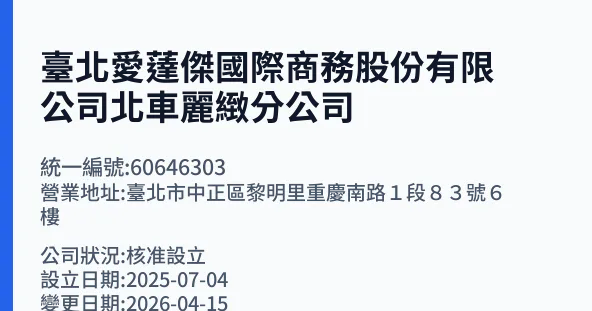 臺北愛薘傑國際商務股份有限公司北車麗緻分公司的照片-統編 60646303(臺北市) 公司登記資料與營業項目詳細圖表