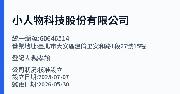 小人物科技股份有限公司的照片-統編 60646514(臺北市) 公司登記資料與營業項目詳細圖表