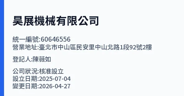 昊展機械有限公司的照片-統編 60646556(臺北市) 公司登記資料與營業項目詳細圖表