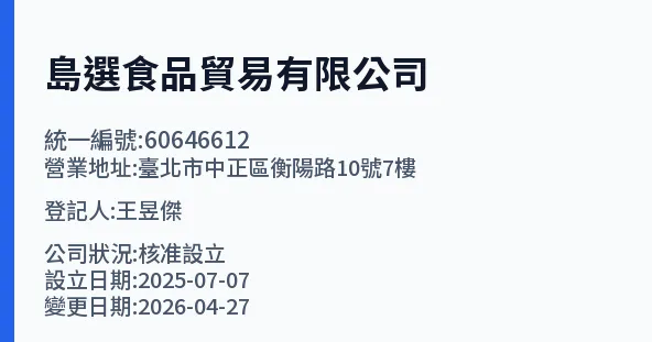 島選食品貿易有限公司的照片-統編 60646612(臺北市) 公司登記資料與營業項目詳細圖表