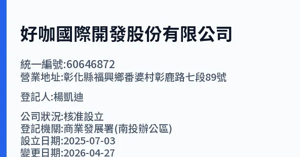 好咖國際開發股份有限公司的照片-統編 60646872(彰化縣) 公司登記資料與營業項目詳細圖表