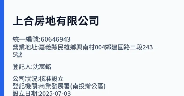 上合房地有限公司的照片-統編 60646943(嘉義縣) 公司登記資料與營業項目詳細圖表