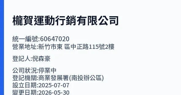 櫳賀運動行銷有限公司的照片-統編 60647020(新竹市) 公司登記資料與營業項目詳細圖表