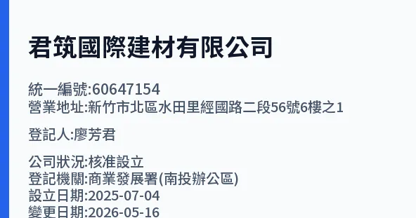 君筑國際建材有限公司的照片-統編 60647154(新竹市) 公司登記資料與營業項目詳細圖表