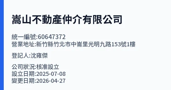 嵩山不動產仲介有限公司的照片-統編 60647372(新竹縣) 公司登記資料與營業項目詳細圖表