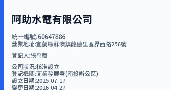 阿助水電有限公司的照片-統編 60647886(宜蘭縣) 公司登記資料與營業項目詳細圖表