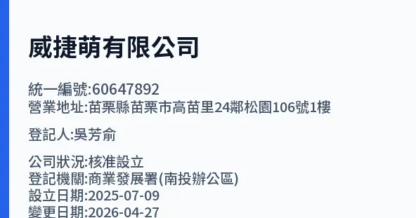 威捷萌有限公司的照片-統編 60647892(苗栗縣) 公司登記資料與營業項目詳細圖表