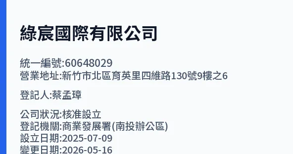 綠宸國際有限公司的照片-統編 60648029(新竹市) 公司登記資料與營業項目詳細圖表