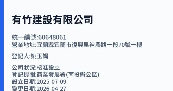 有竹建設有限公司的照片-統編 60648061(宜蘭縣) 公司登記資料與營業項目詳細圖表