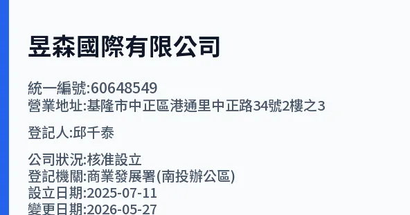 昱森國際有限公司的照片-統編 60648549(基隆市) 公司登記資料與營業項目詳細圖表