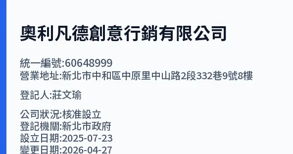奧利凡德創意行銷有限公司的照片-統編 60648999(新北市) 公司登記資料與營業項目詳細圖表