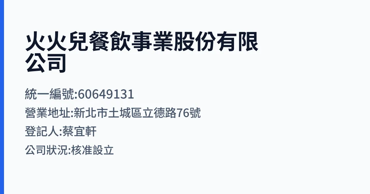 火火兒餐飲事業股份有限公司 - 統編 60649131(新北市) 公司登記資料與營業項目詳細圖表