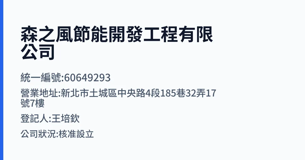 森之風節能開發工程有限公司 - 統編 60649293(新北市) 公司登記資料與營業項目詳細圖表