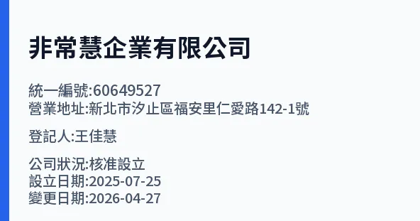 非常慧企業有限公司的照片-統編 60649527(新北市) 公司登記資料與營業項目詳細圖表