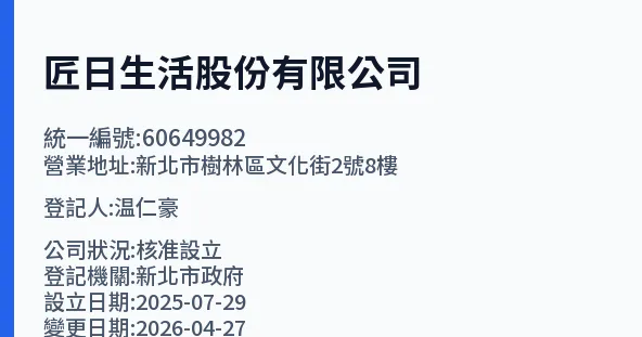 匠日生活股份有限公司的照片-統編 60649982(新北市) 公司登記資料與營業項目詳細圖表