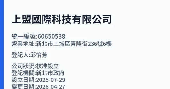 上盟國際科技有限公司的照片-統編 60650538(新北市) 公司登記資料與營業項目詳細圖表