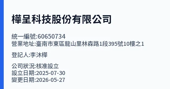 樺呈科技股份有限公司的照片-統編 60650734(臺南市) 公司登記資料與營業項目詳細圖表