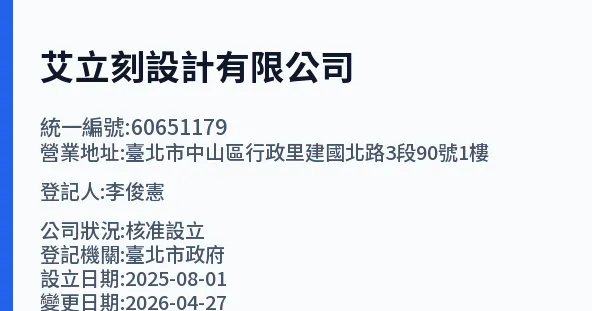艾立刻設計有限公司的照片-統編 60651179(臺北市) 公司登記資料與營業項目詳細圖表