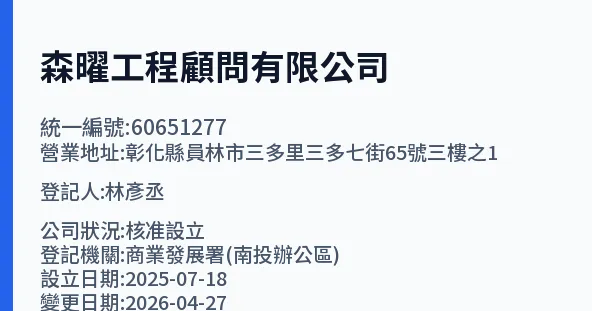森曜工程顧問有限公司的照片-統編 60651277(彰化縣) 公司登記資料與營業項目詳細圖表