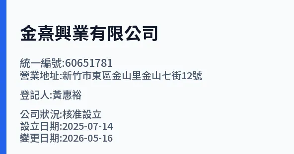 金熹興業有限公司的照片-統編 60651781(新竹市) 公司登記資料與營業項目詳細圖表