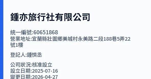 鍾亦旅行社有限公司的照片-統編 60651868(宜蘭縣) 公司登記資料與營業項目詳細圖表