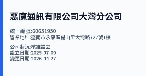 惡魔通訊有限公司大灣分公司的照片-統編 60651950(臺南市) 公司登記資料與營業項目詳細圖表