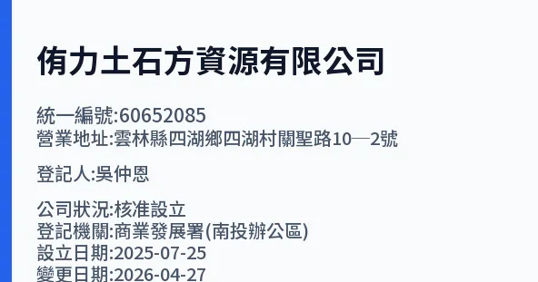侑力土石方資源有限公司的照片-統編 60652085(雲林縣) 公司登記資料與營業項目詳細圖表