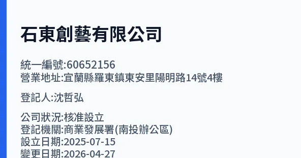 石東創藝有限公司的照片-統編 60652156(宜蘭縣) 公司登記資料與營業項目詳細圖表