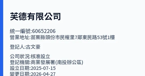 芙德有限公司的照片-統編 60652206(苗栗縣) 公司登記資料與營業項目詳細圖表
