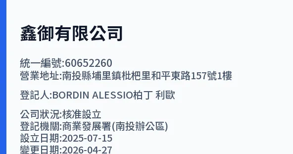 鑫御有限公司的照片-統編 60652260(南投縣) 公司登記資料與營業項目詳細圖表