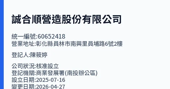 誠合順營造股份有限公司的照片-統編 60652418(彰化縣) 公司登記資料與營業項目詳細圖表
